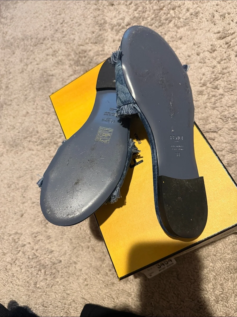 Fendi | Shoes | Fendi Sunshine Blue Denim Frayedff Logo Mule Slide ...